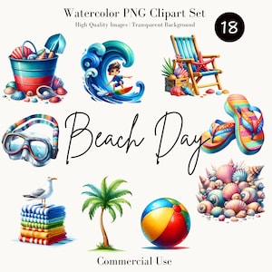 Watercolor Beach Day Collection Clipart - 18 PNG Beach Illustrations ...