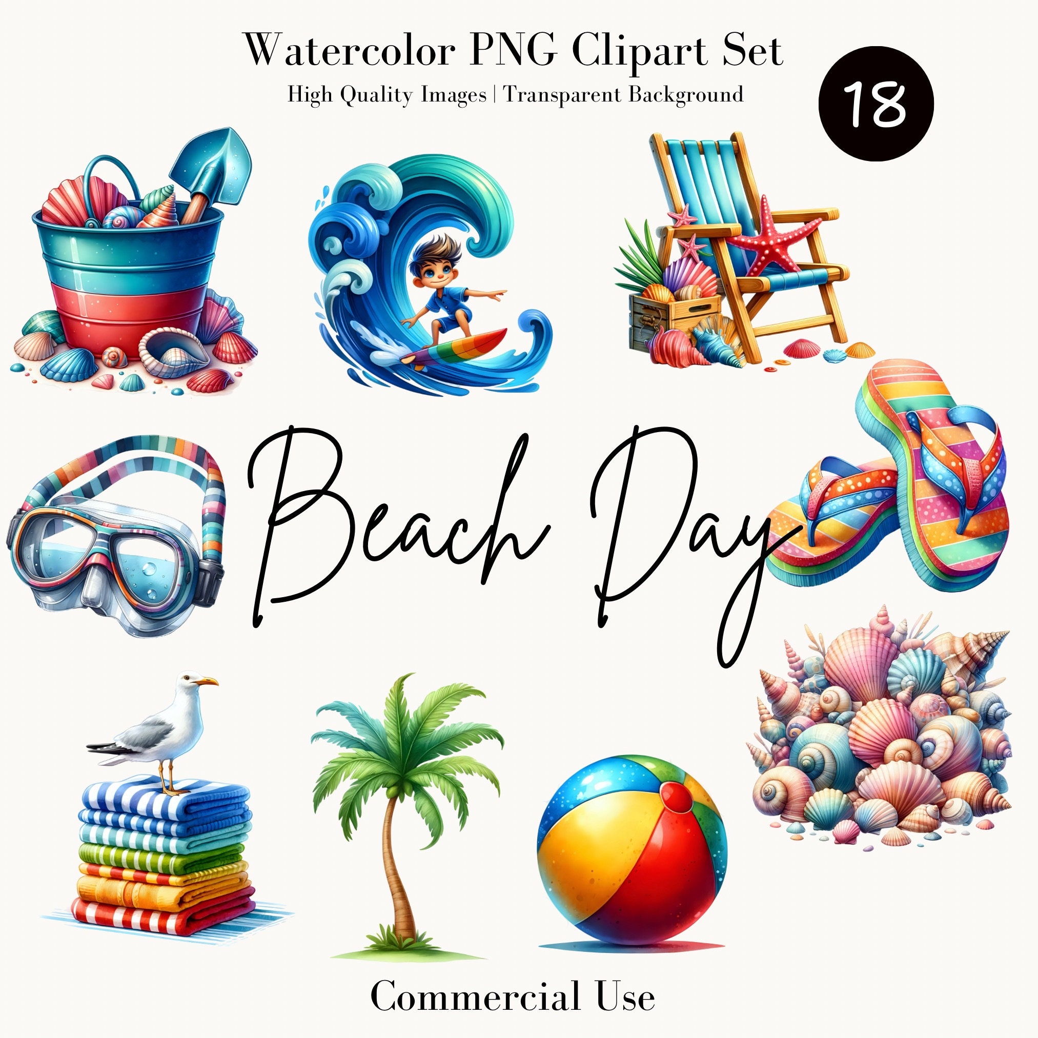 Watercolor Beach Day Collection Clipart - 18 PNG Beach Illustrations ...