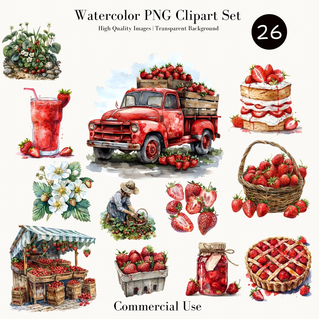 Strawberry Picking Farm Watercolor Clipart, Digital Download PNG ...