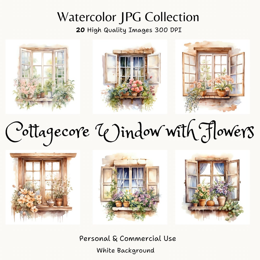 20 Watercolor Cottagecore Window Clipart, Rustic Countryside Views With ...