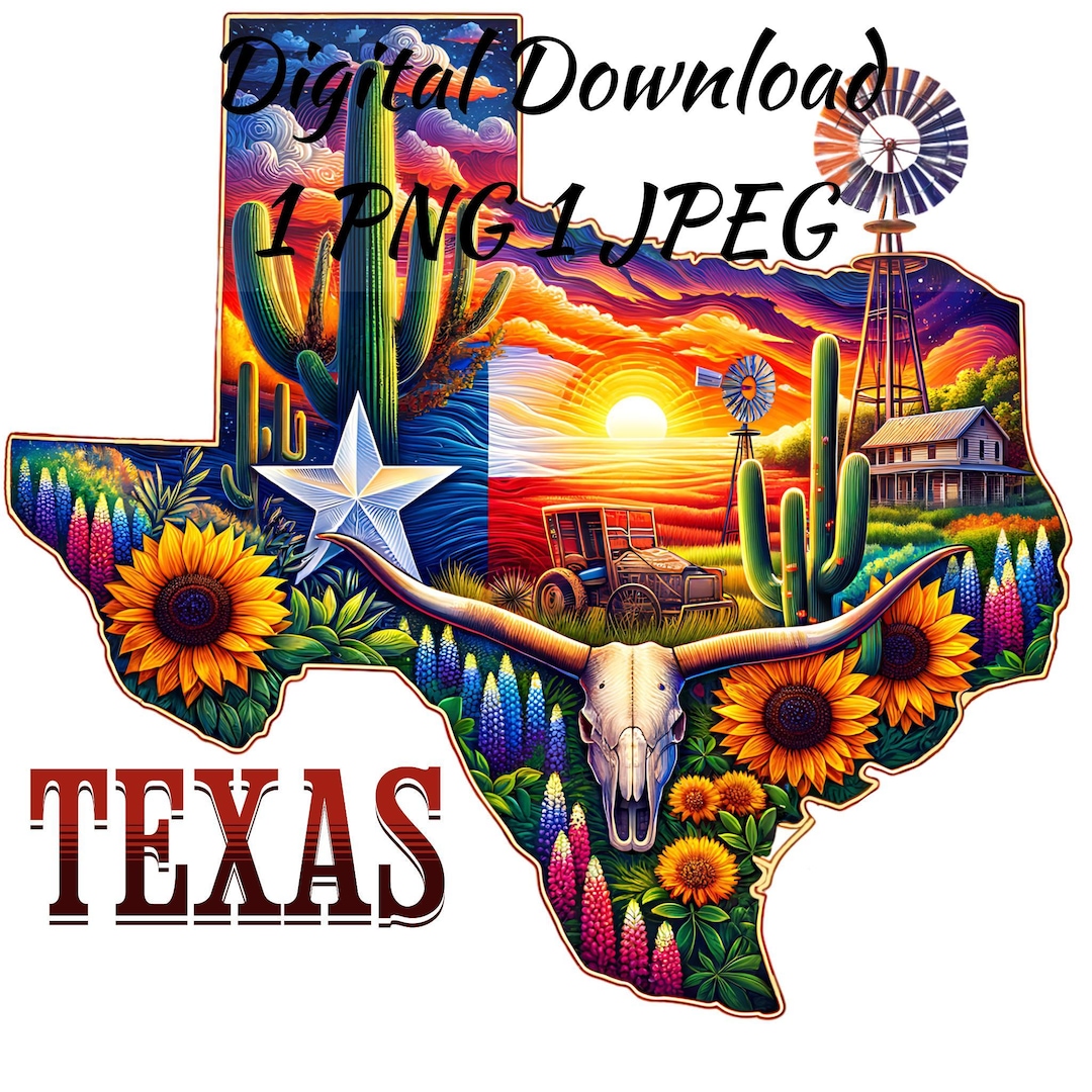 Texas PNG Clipart With Sunset Background - Iconic Symbols Including ...