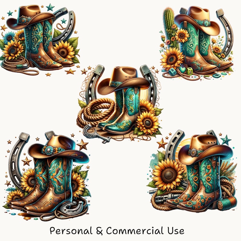 Western Cowboy Boot PNG – Horseshoe Sunflower Rope Clipart, Rustic ...