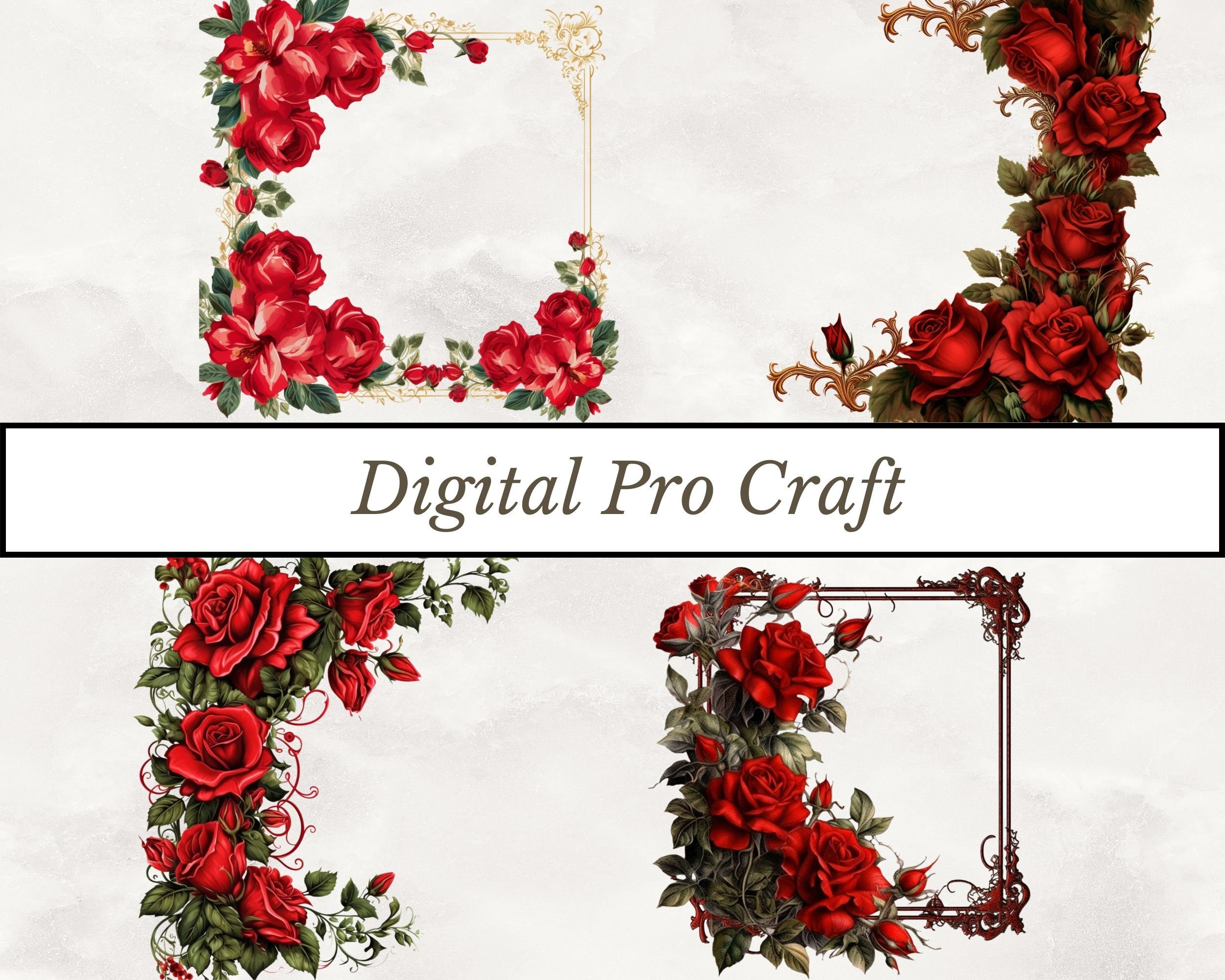 12 Red Roses Corners Clipart, Flower Borders, PNG& Jpgs, Digital ...