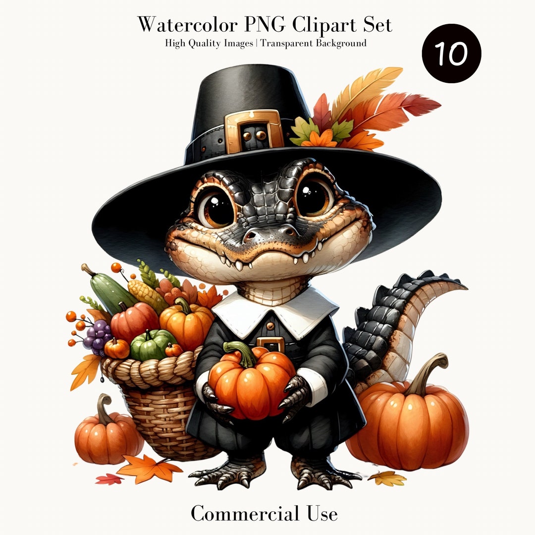 Thanksgiving Alligator Clipart, Cute Autumn Croc Digital Art, Festive ...