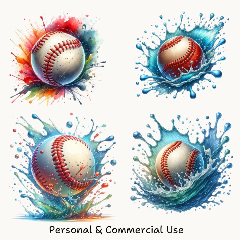 Watercolor Baseball Clipart, Digital Splash Sports Art, Commercial Use ...