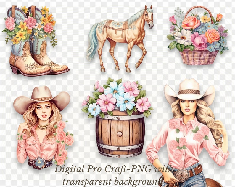 Vintage Pastel Cowgirl Clipart Wild Western PNG Digital - Etsy