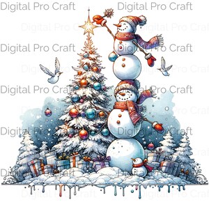 Cheerful Winter Scene With Snowmen and Christmas Tree PNG Clipart for ...