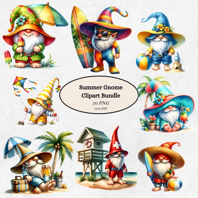 Summer Gnome Clipart Bundle, Beach Garden Gnomes, Surfing Gnomes ...