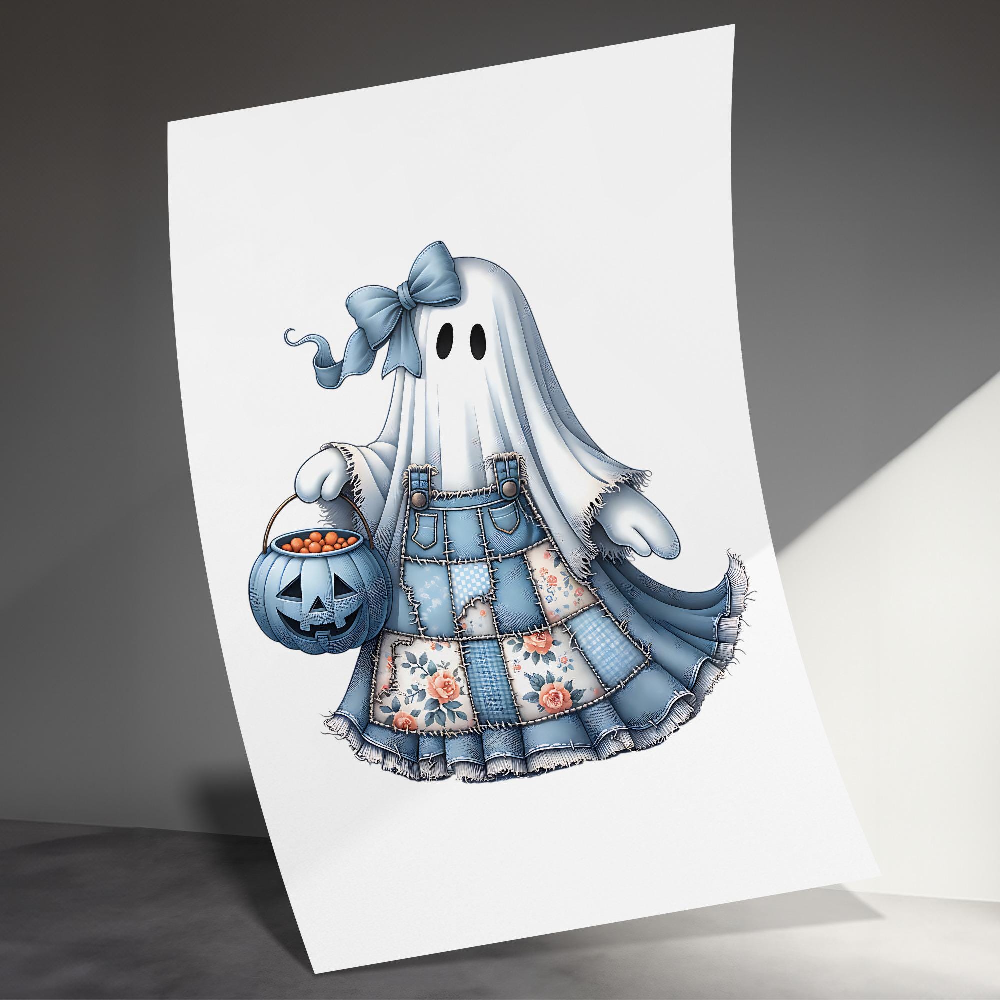 Retro Denim Ghost Png, Spooky Season, Patchwork Ghost, Cute Boo Ghost ...