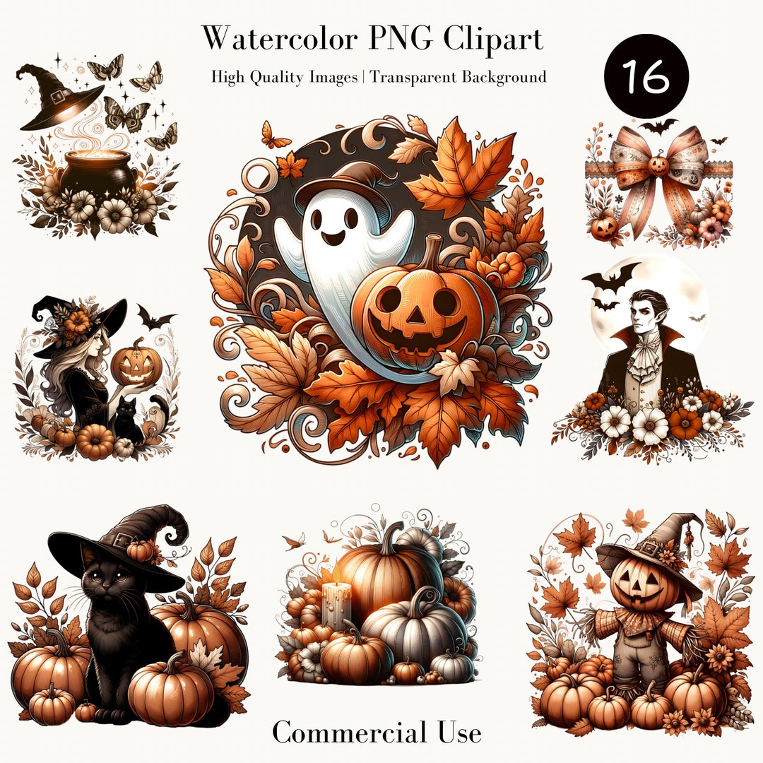 Vintage Halloween Watercolor PNG Clipart – Ghosts and Pumpkins ...