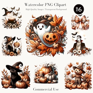 Vintage Halloween Watercolor PNG Clipart – Ghosts and Pumpkins ...