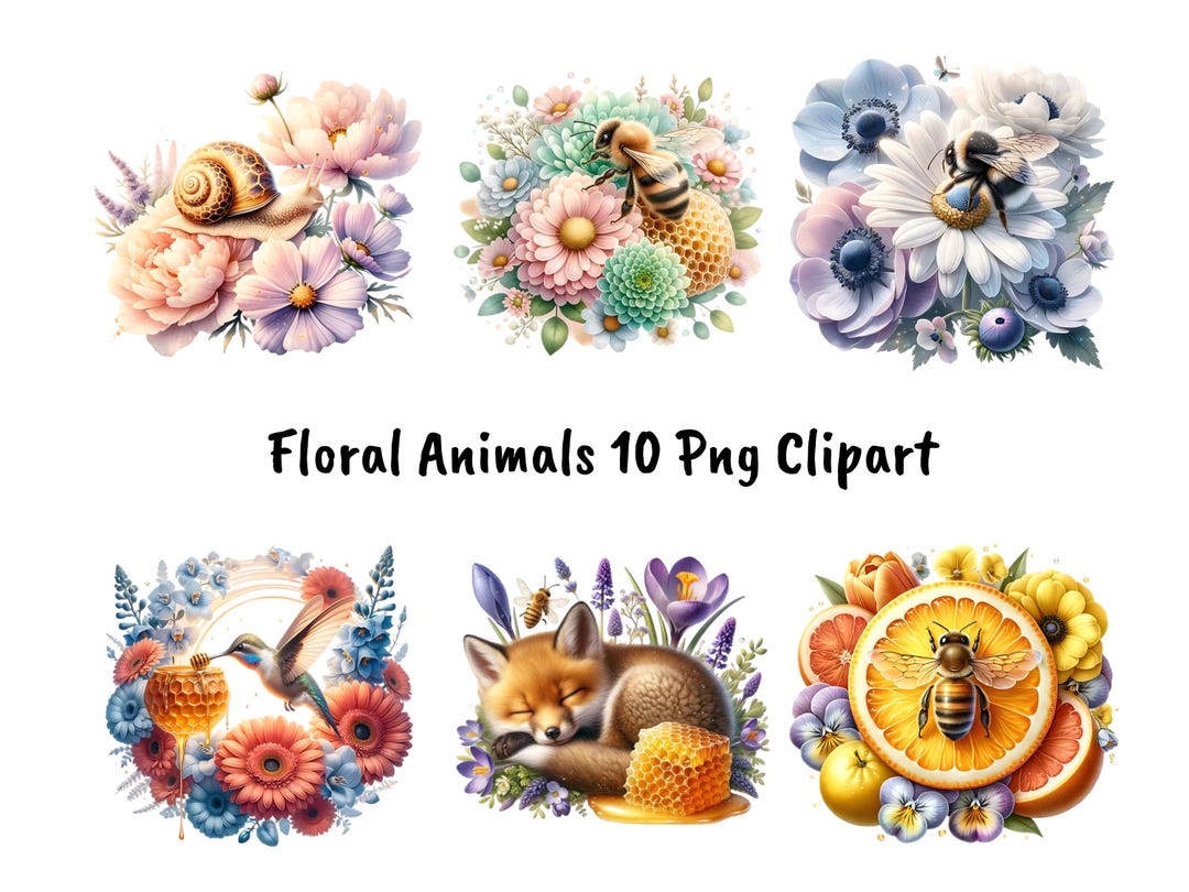 Floral Animals Clipart PNG, Bee Snail Fox Bird Digital Download ...