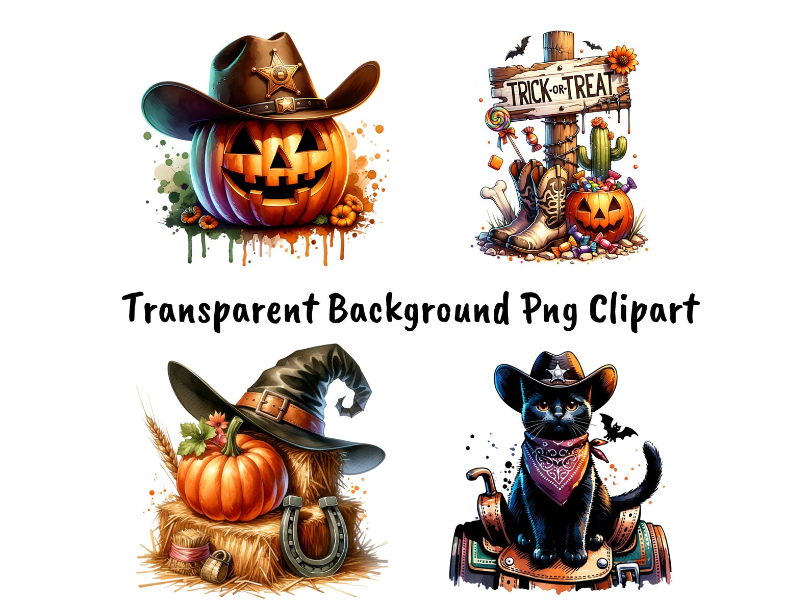 Spooky Western Halloween Clipart, Cowboy Skeletons PNG, Haunted Cactus ...