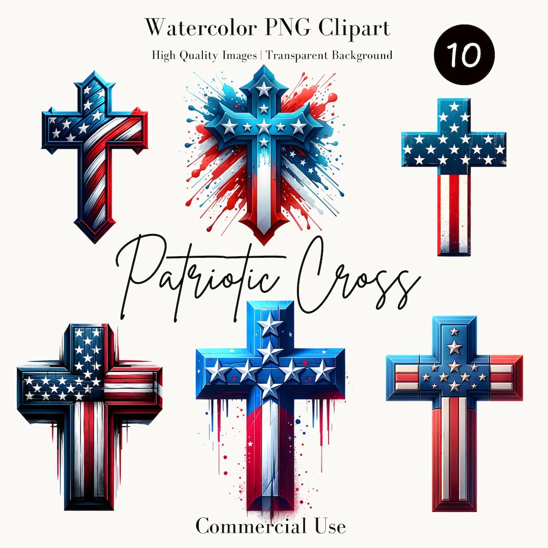 Patriotic Cross Watercolor Clipart – American Flag Cross Designs, 10 ...