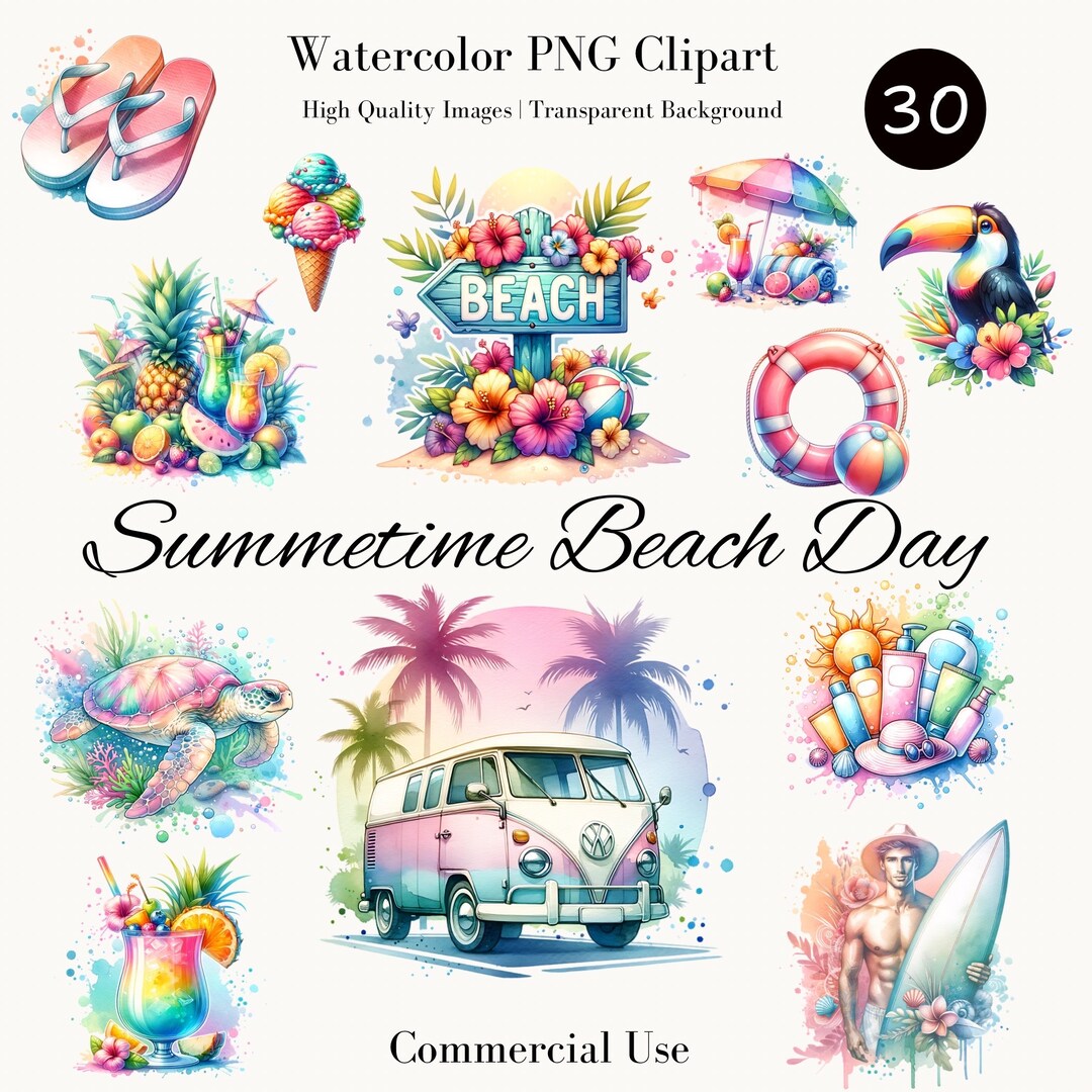 Summertime Clipart Bundle, Summer Vibes PNG, Hello Summer & Tropical ...