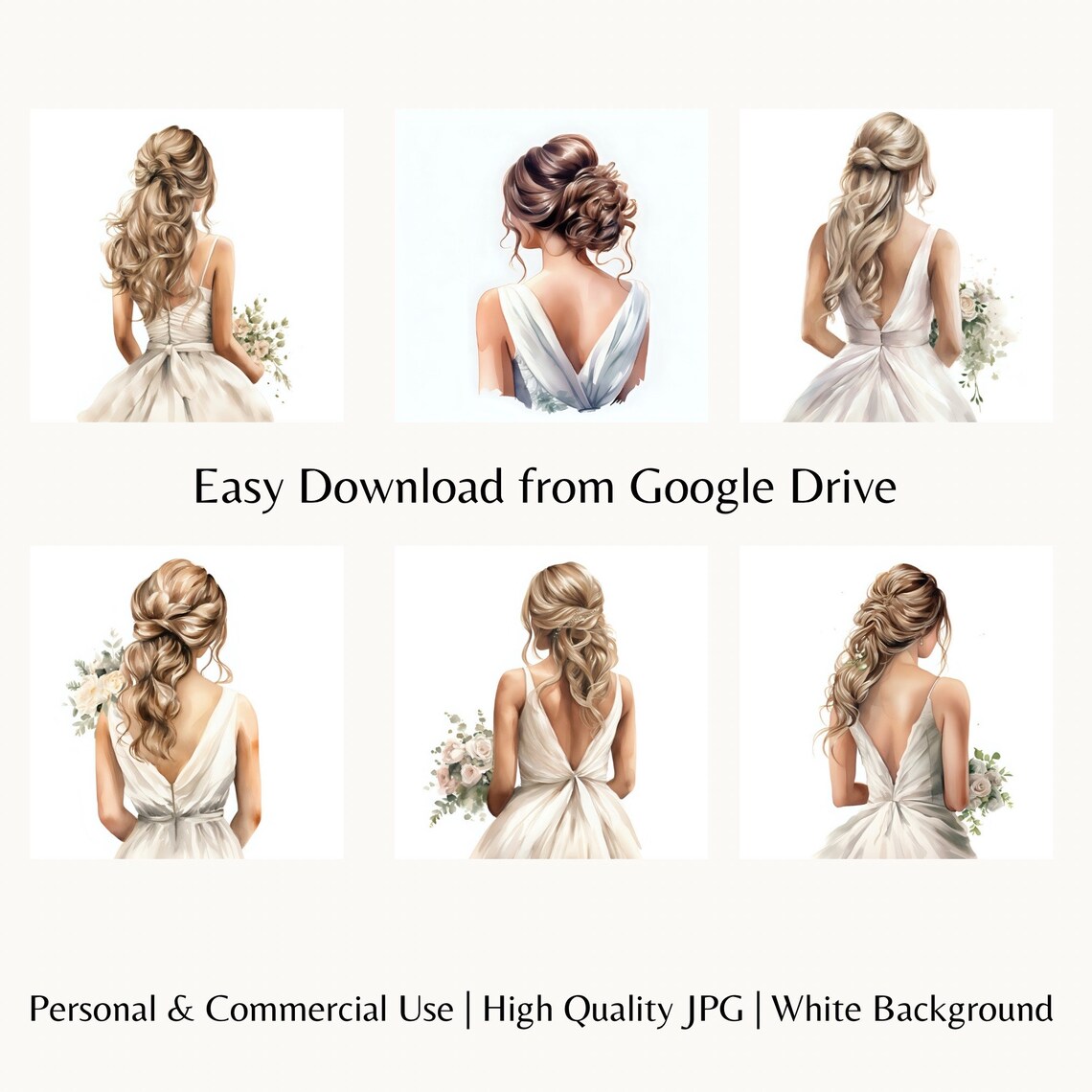 20 Watercolor Back View Bride Hair Clipart, JPG Images for Digital ...