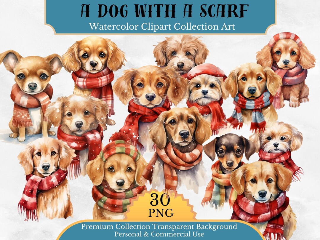 Watercolor Puppies Clipart ,dog With a Scarf PNG Bundle , Dog Clipart ...