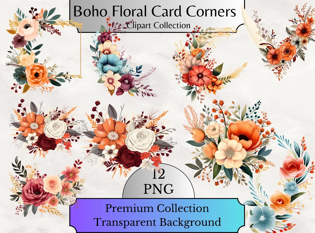 Boho Floral Bouquet Border Clipart PNG Element, Commercial Use, Digital ...