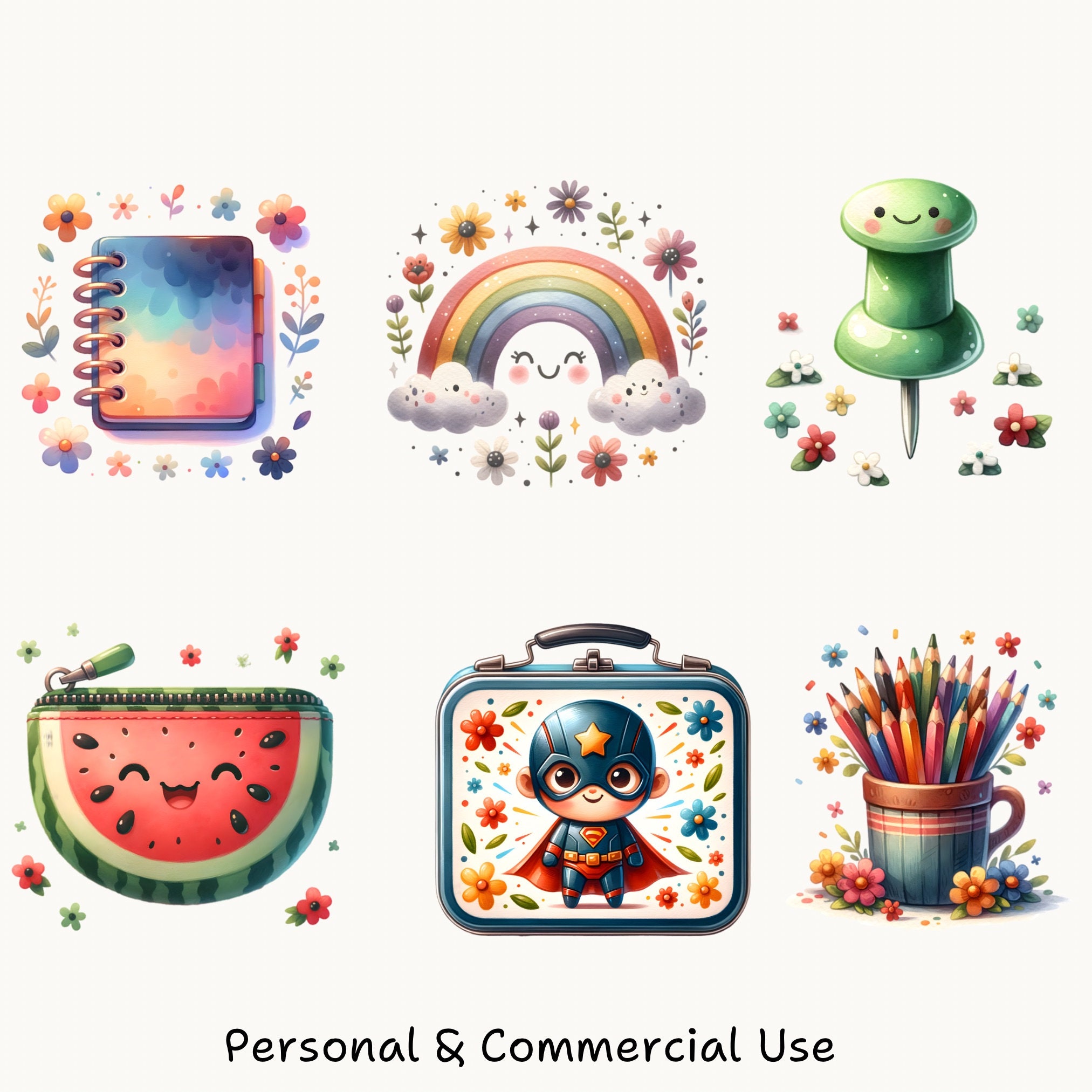 School Clipart Set – Watercolour School Supplies Clipart Bundle, Back ...