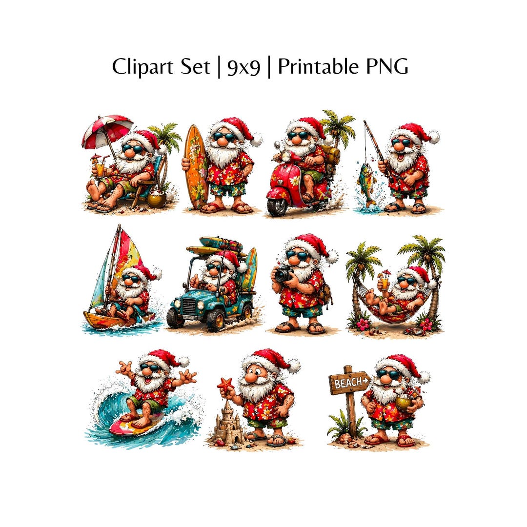 Tropical Summer Santa Clipart Bundle | Beach Christmas PNG | Christmas ...