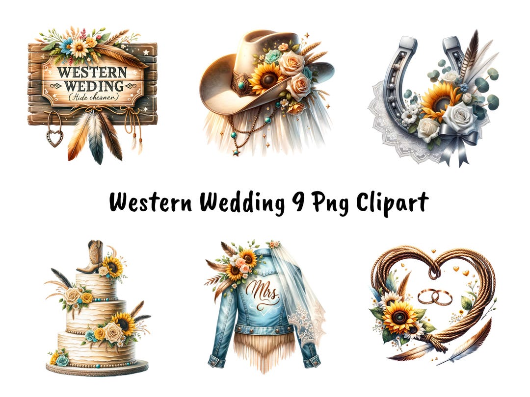Western Wedding Clipart, Digital PNG Set, Cowboy, Country, Floral ...