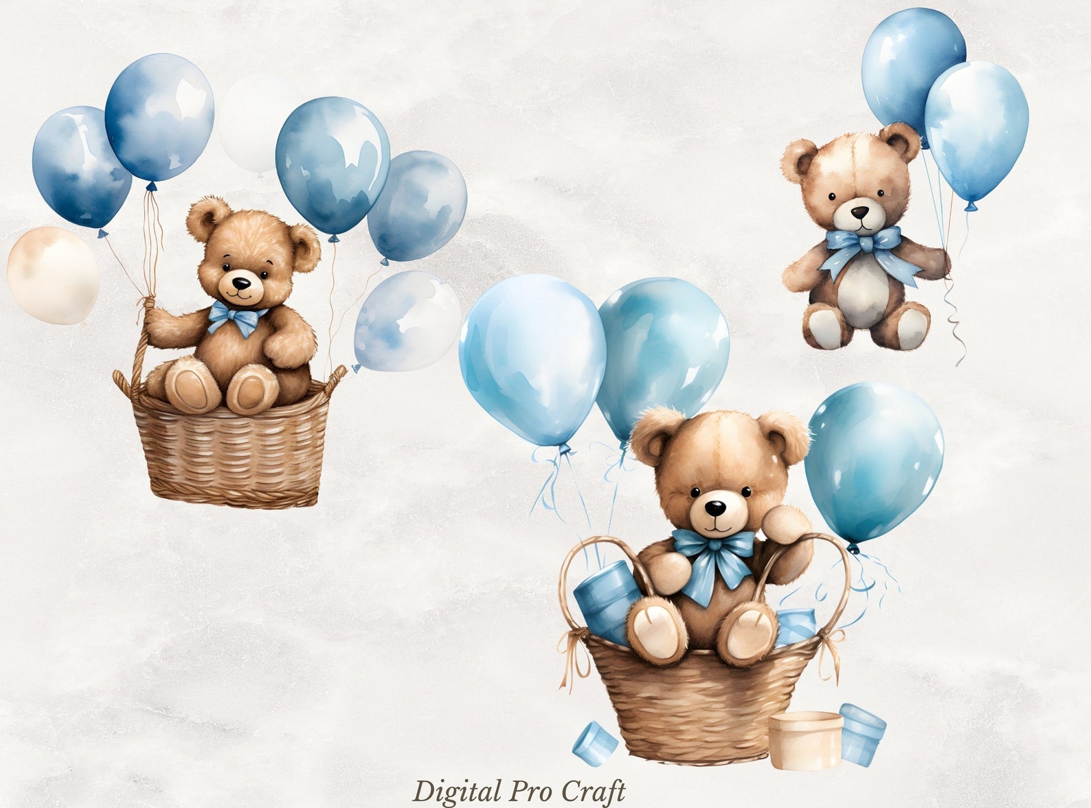 Watercolor Teddy Bear Clipart Bundle, Baby Boy Clipart, Baby Shower ...