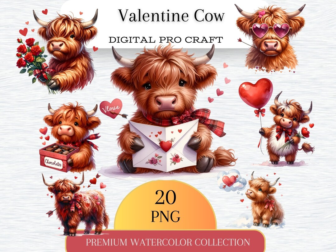 Valentine’s Day Highland Cows Clipart PNG Bundle, Valentine’s Day Cow ...