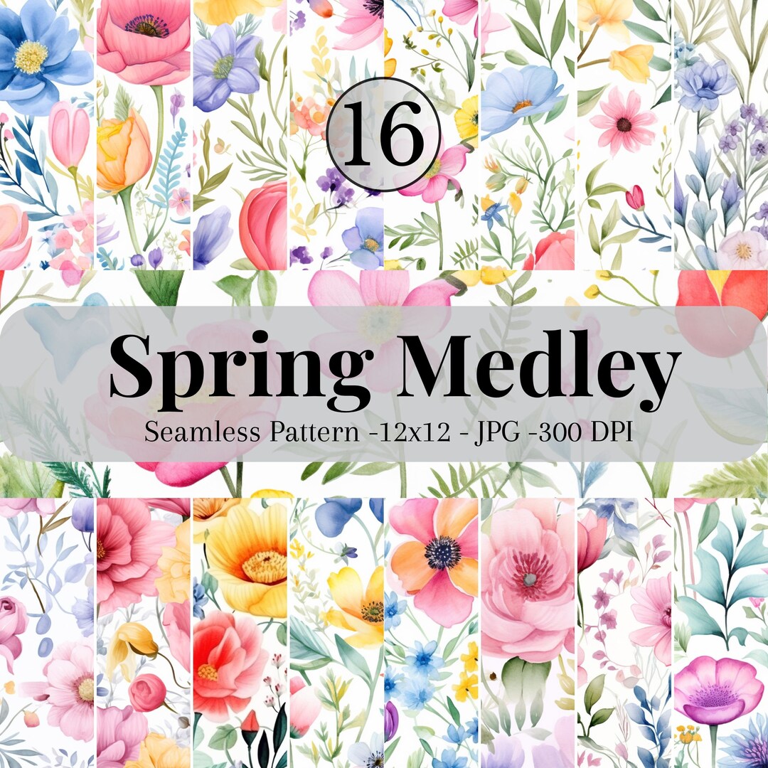 Spring Floral Medley Digital Paper - Watercolor Flower Backgrounds - 16 ...