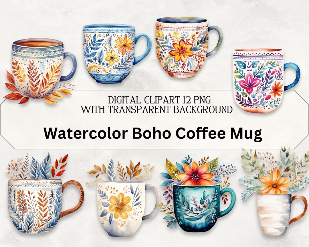 12 Watercolor Coffee Boho Mugs Clipart PNG Formats-digital - Etsy