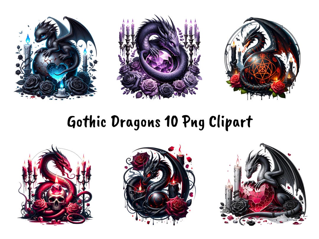 Gothic Dragon Art Print Set PNG, Dark Fantasy Halloween Decor, Black ...