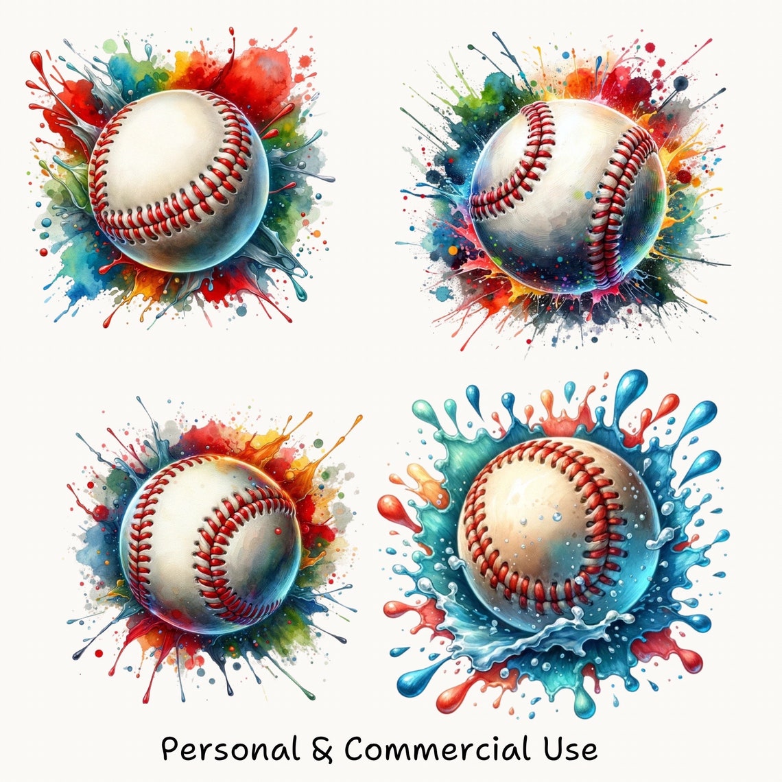 Watercolor Baseball Clipart, Digital Splash Sports Art, Commercial Use ...
