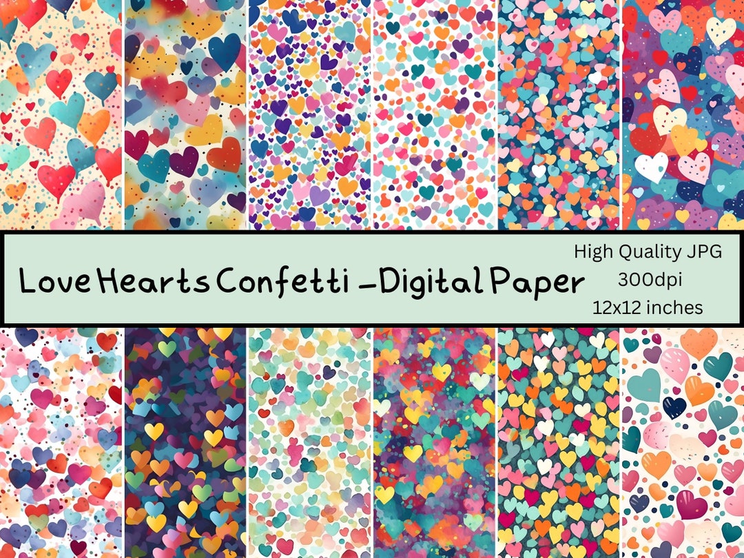 Love Hearts Confetti Digital Paper, Seamless Pattern, Pastel Colours ...