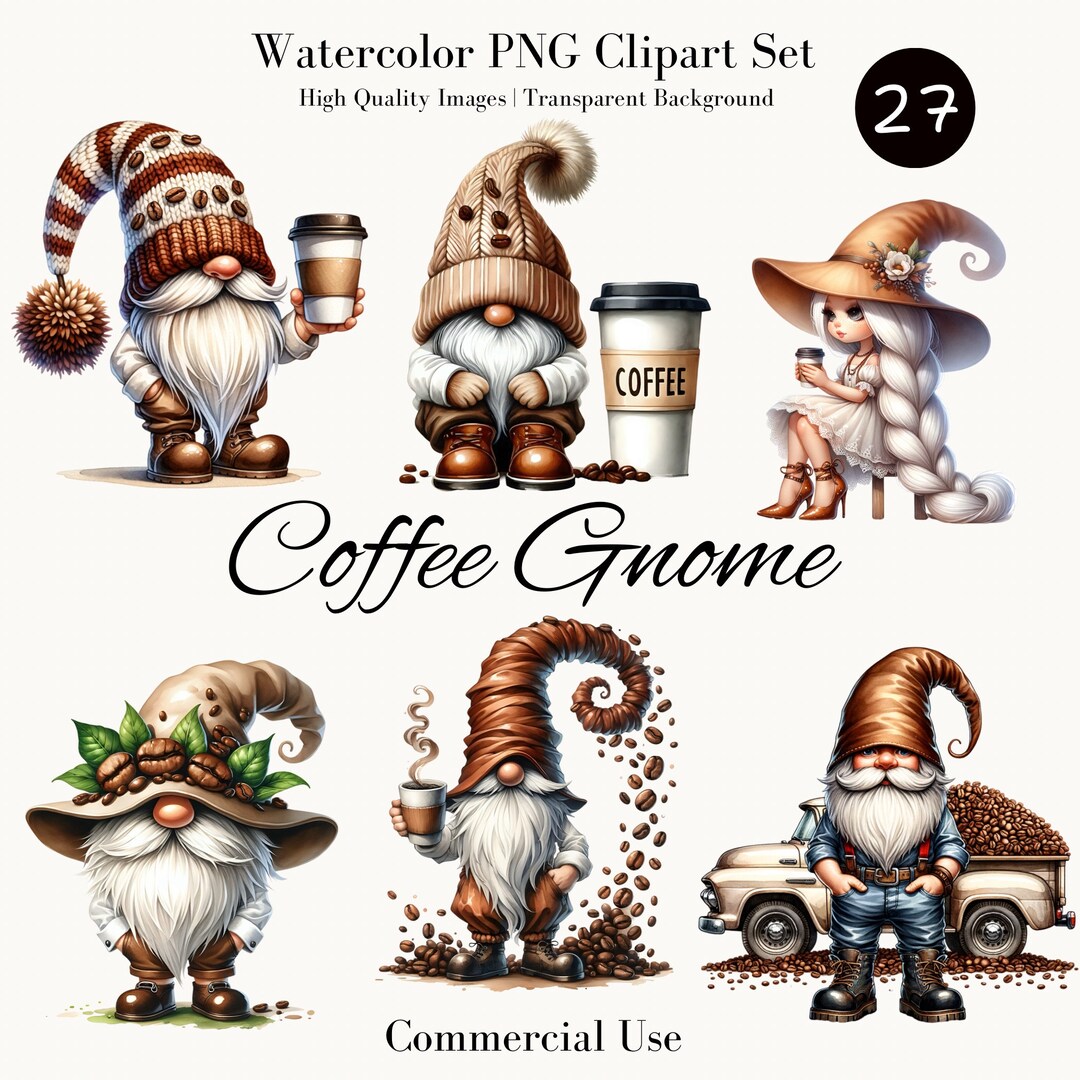 Watercolor Coffee Gnome Clipart Set, Cute Gnomes Digital PNG, High ...