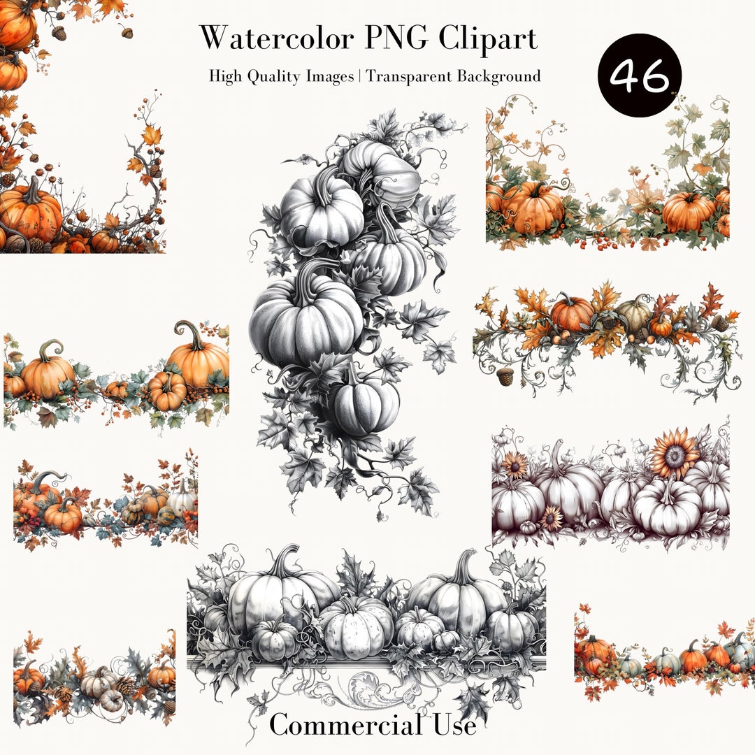 Watercolor Pumpkin Border Clipart – Fall Harvest PNG Images, Autumn ...