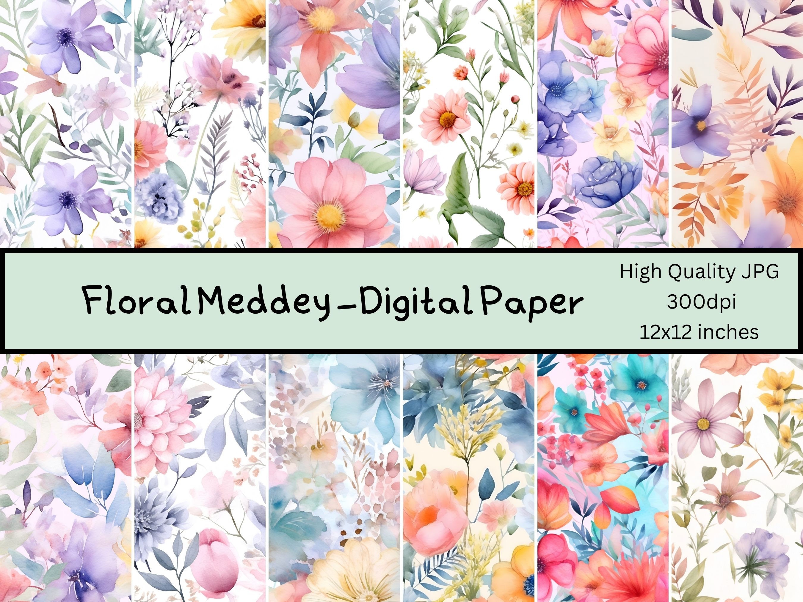 Floral Medley Digital Paper - Watercolor Flower Backgrounds - 12 ...