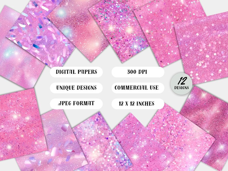 12 Pink Holographic Glitter Digital Paper JPEG Printable - Etsy