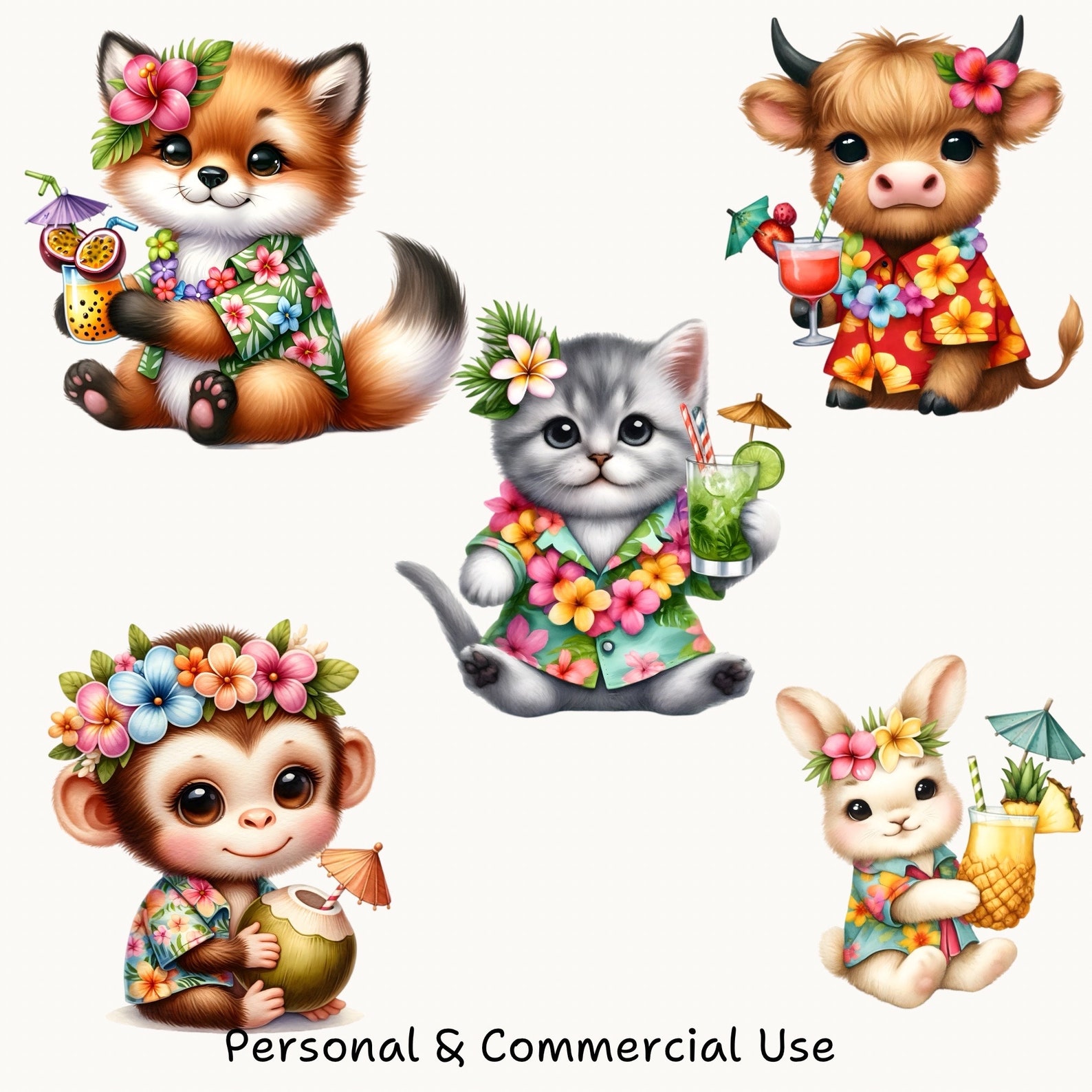 Cute Summer Animals PNG Clipart – Watercolor Tropical Animals in ...