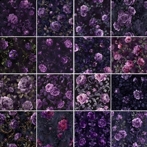 Baroque Purple Rose Digital Paper Set of 16 , Seamless Dark Floral ...