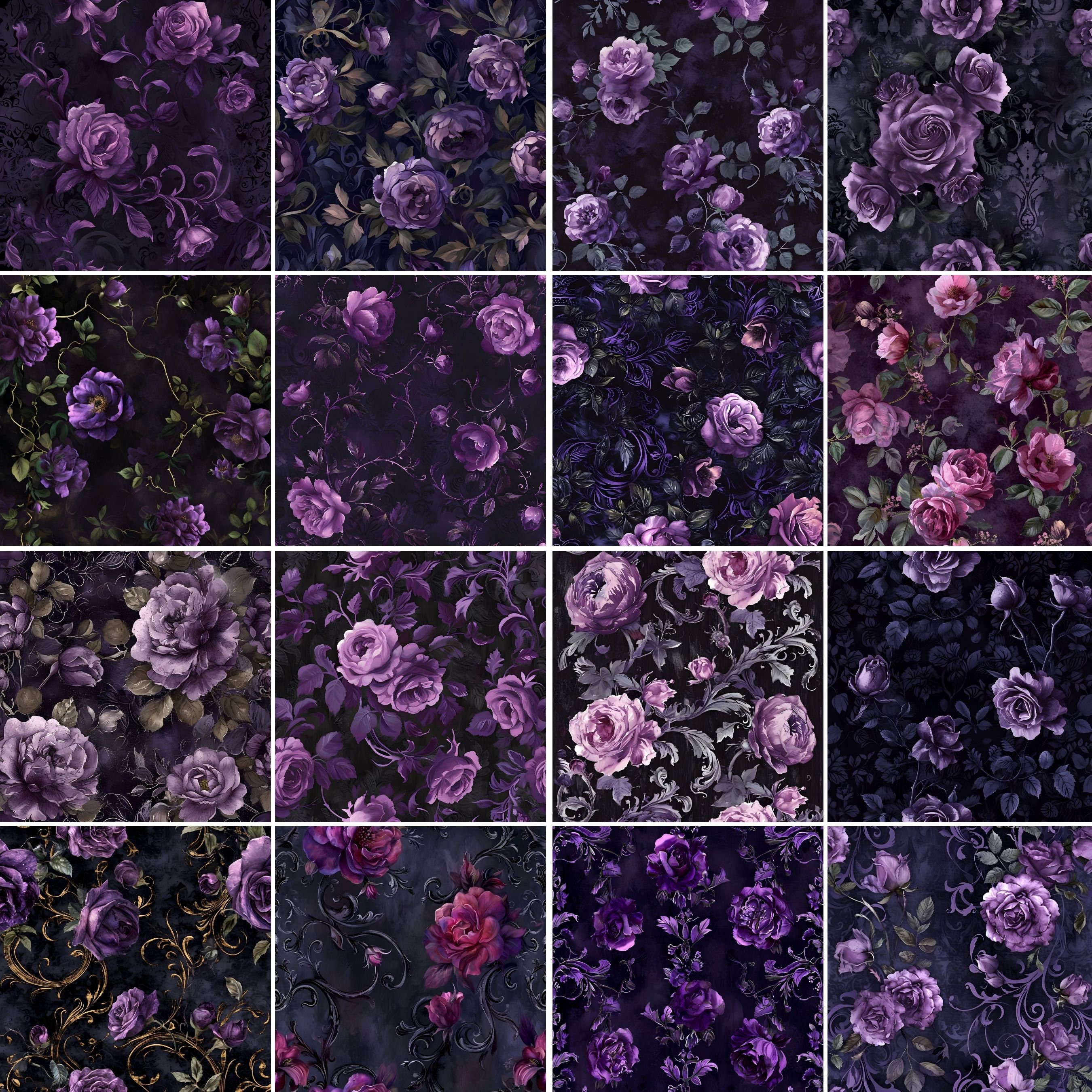 Baroque Purple Rose Digital Paper Set of 16 , Seamless Dark Floral ...