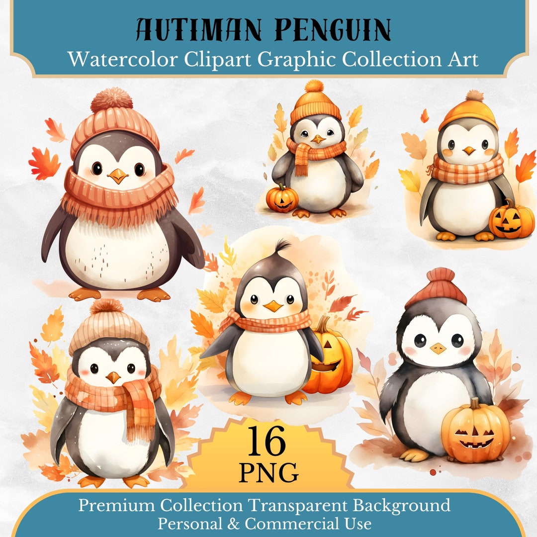 Autumn Cute Penguin Watercolor Clipart, Fall Animal Clipart PNG, Kids ...