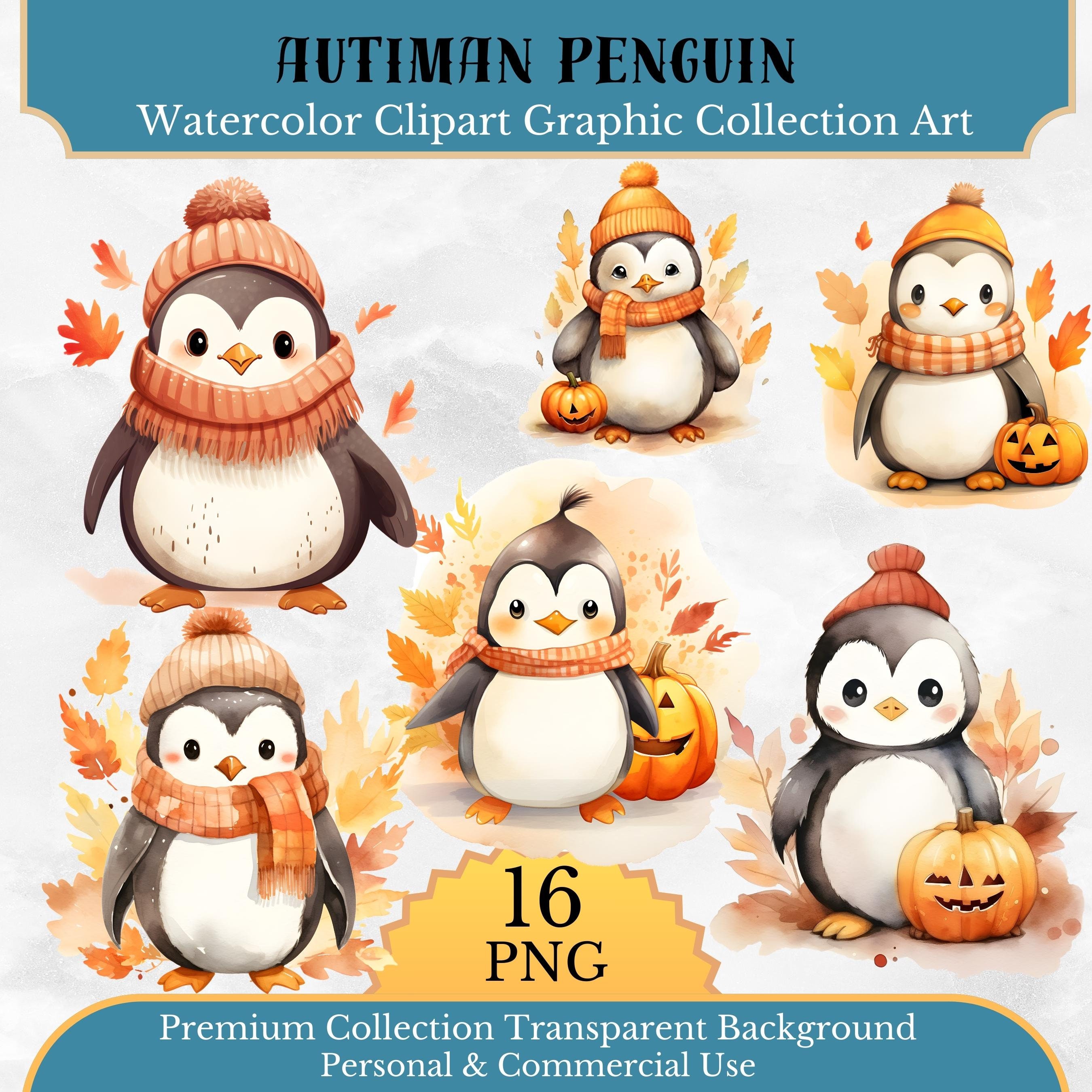 Autumn Cute Penguin Watercolor Clipart Fall Animal Clipart - Etsy