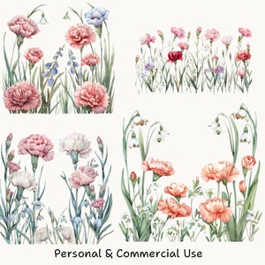 Watercolor Carnation Floral Border Invitation Card Set, January ...