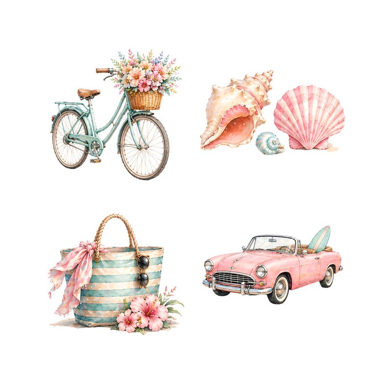 Watercolor Beach Clipart Bundle | Summer Coastal PNG Graphics | Pastel ...