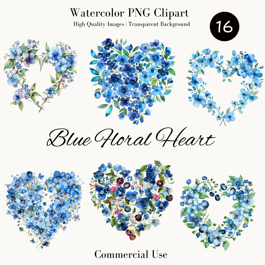 16 Blue Floral Heart Clipart, Cherry & Forget Me Not Pngs, Watercolor ...