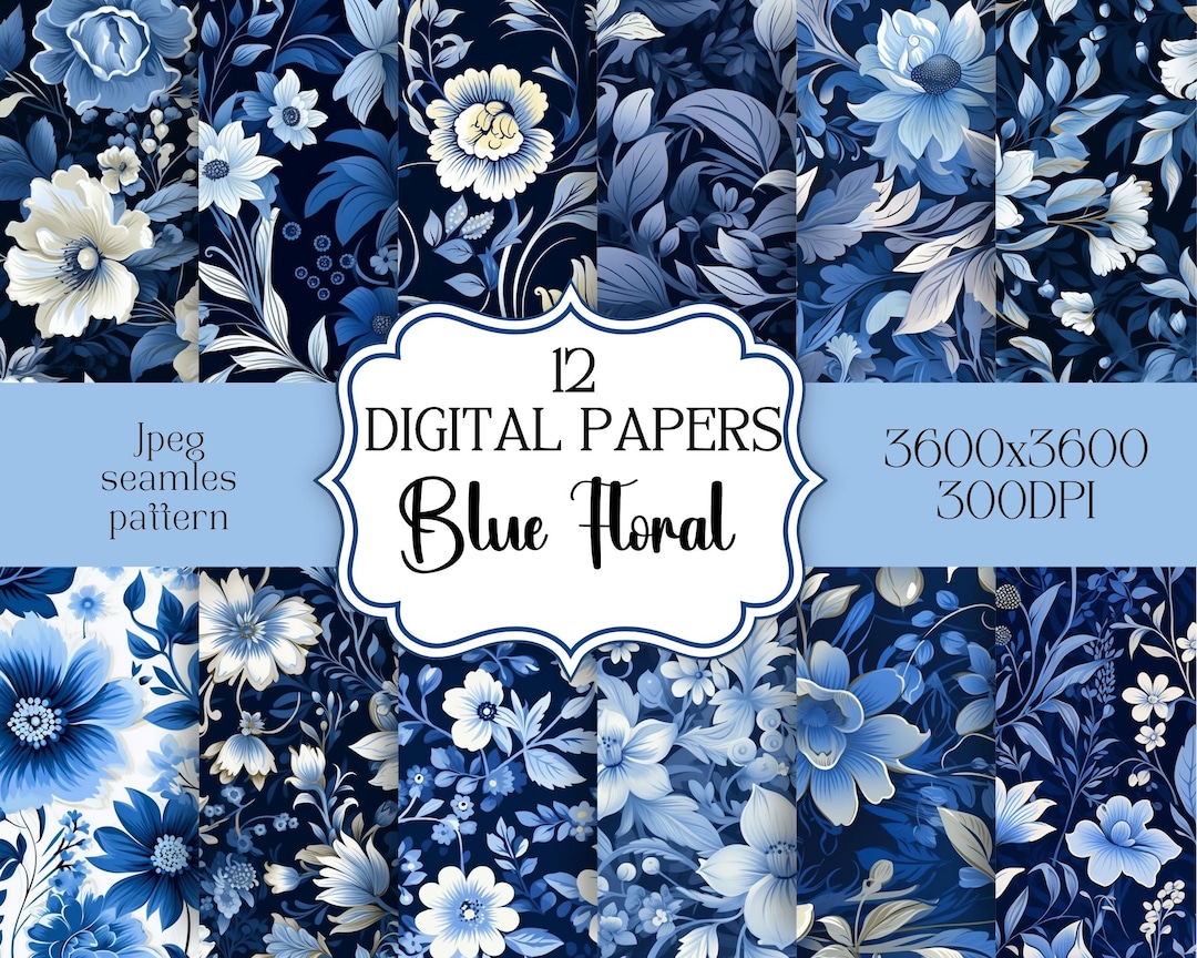 Blue Floral Digital Paper Set | 12 Seamless Patterns | Scrapbook Paper ...