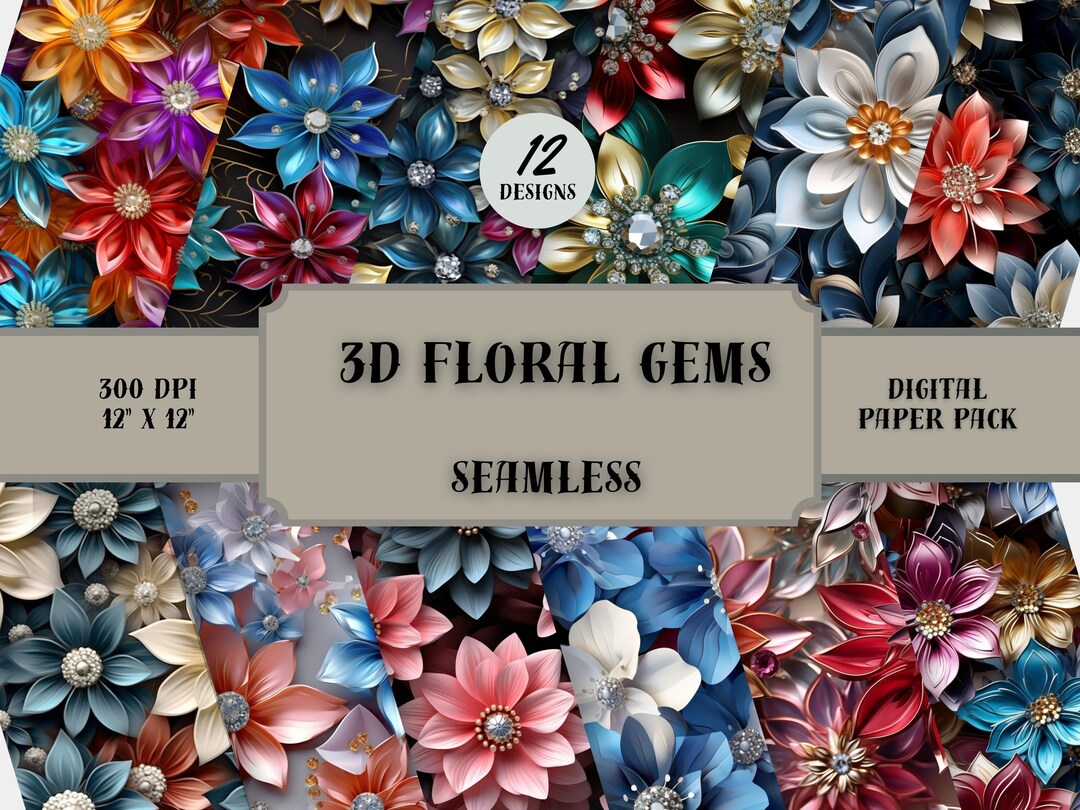 Enchanting 3D Floral Gems-set of 12 Seamless Patterns - 3D Flower ...