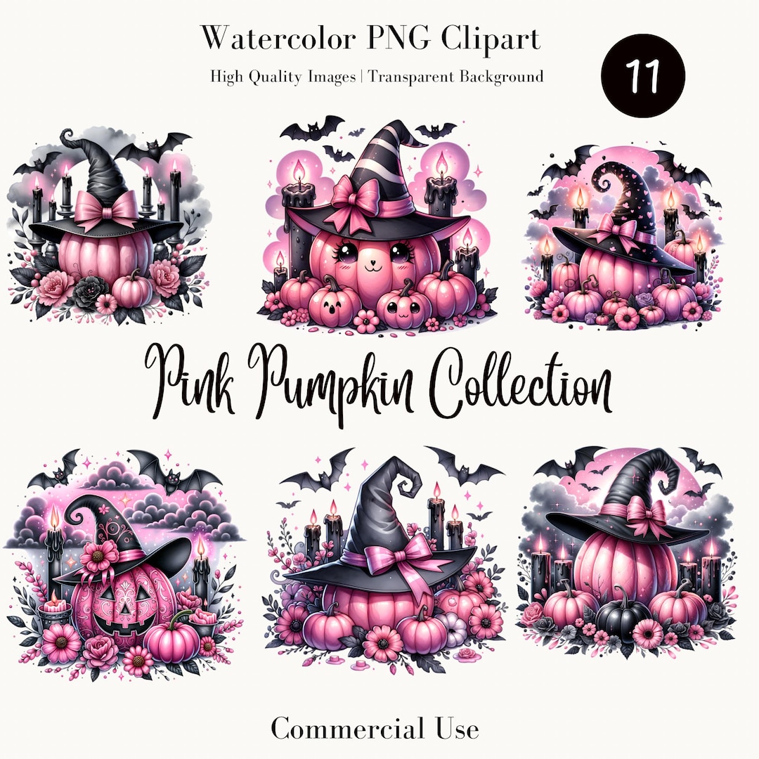 Pink Pumpkin Halloween Clipart Set, Witch Hat Pumpkin Illustrations ...