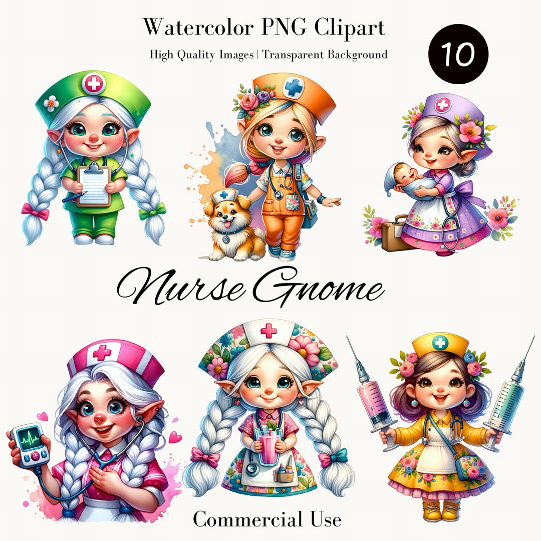 Nurse Gnome Watercolor Clipart, Cute Nursing Gnomes PNG Files for ...