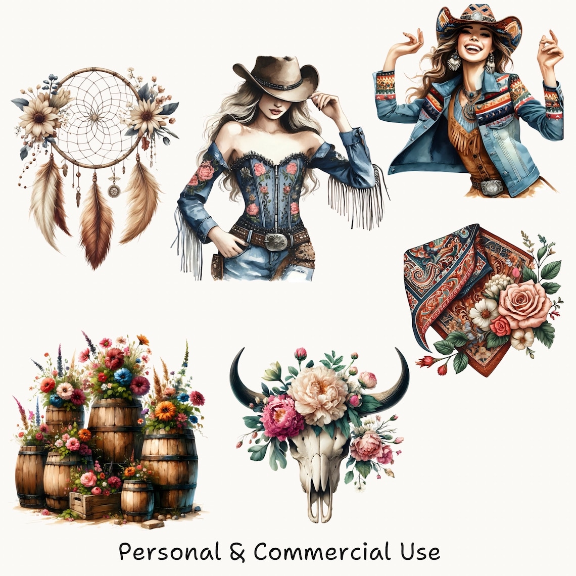 Western Cowgirl Clipart Bundle, Watercolor PNG, Digital Download ...