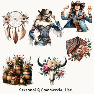 Western Cowgirl Clipart Bundle, Watercolor PNG, Digital Download ...